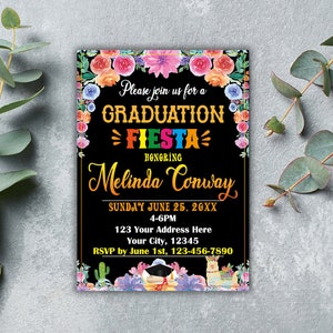 EDITABLE Mexican Graduation Invitation Template BLACK, Floral Mexican ...