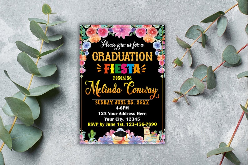 EDITABLE Mexican Graduation Invitation Template BLACK, Floral Mexican ...