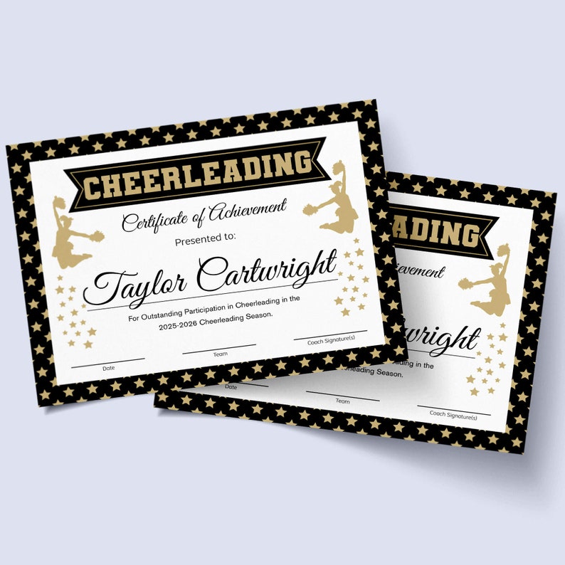 Editable Cheerleader Certificate, Gold and Black Cheer Certificates ...