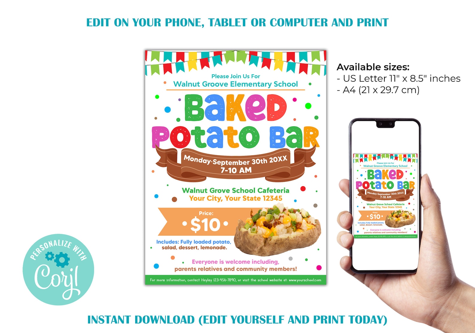 Editable Baked Potato Bar Flyer, PTA PTO Fundraiser Flyer, School ...