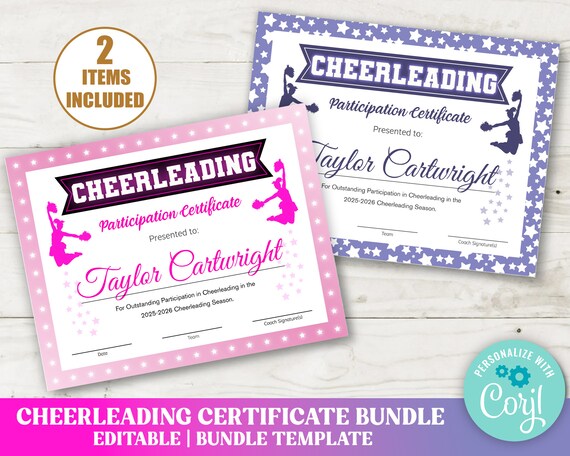 Editable Cheerleader Certificates Bundle, Cheer Team Gifts Purple and ...