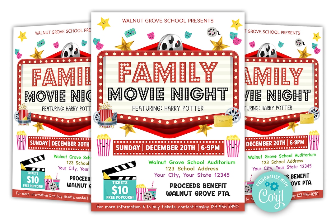 Editable Family Movie Night Flyer, School Church Benefit Fundraiser ...