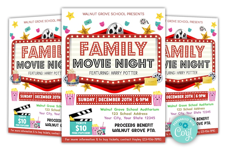 Editable Family Movie Night Flyer, School Church Benefit Fundraiser ...