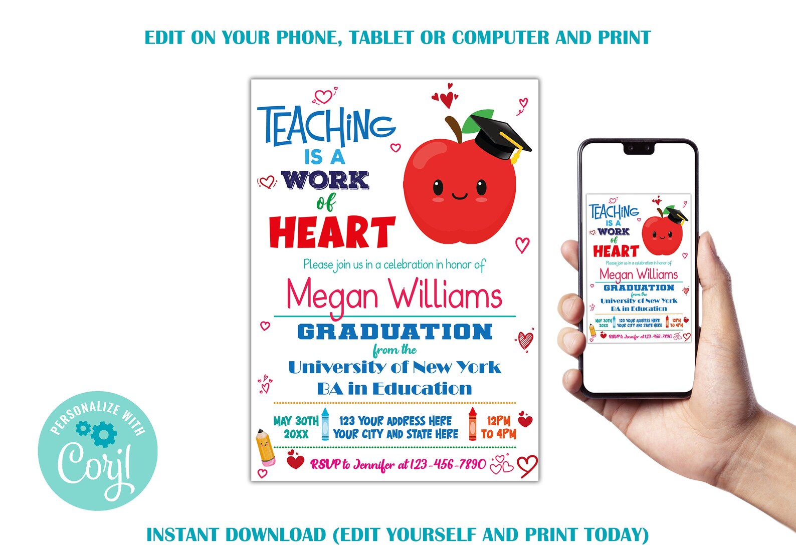 Teacher Graduation Invitation Template, Editable Teacher Graduation ...