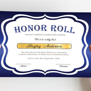 Customizable Honor Roll Award Certificate Beige and Blue Bundle Set of ...