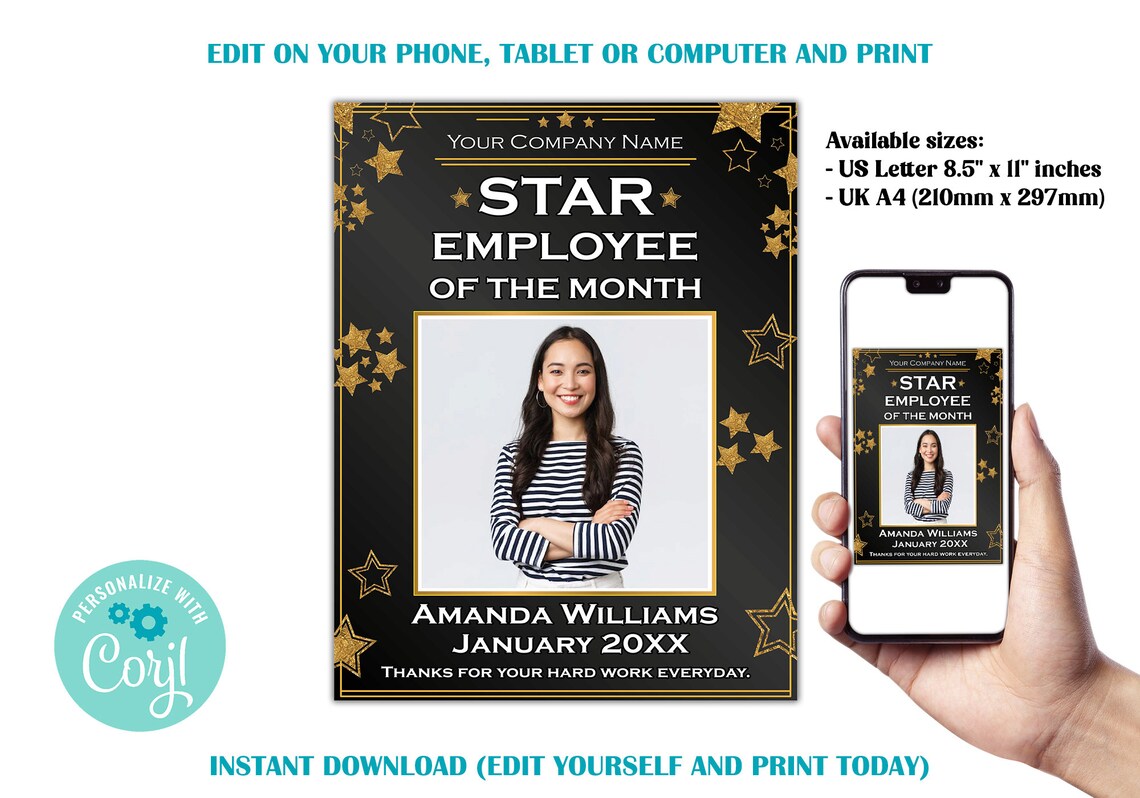 EDITABLE Star Employee of the Month Template Staff Employee - Etsy
