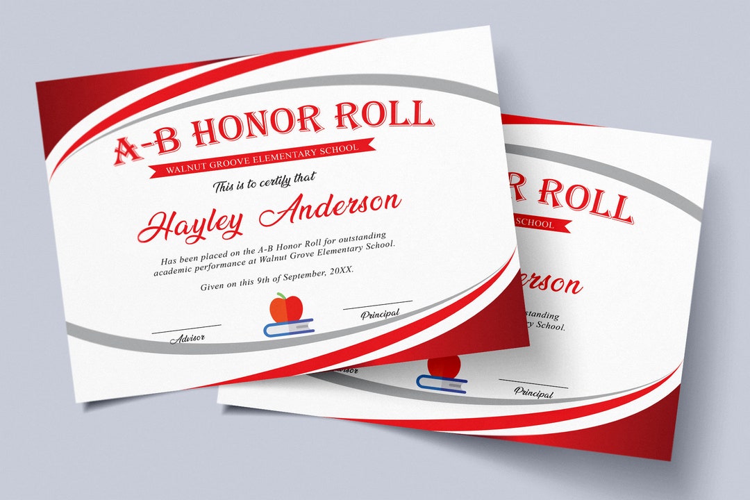Customizable AB Honor Roll Certificate, Editable Red White Award ...