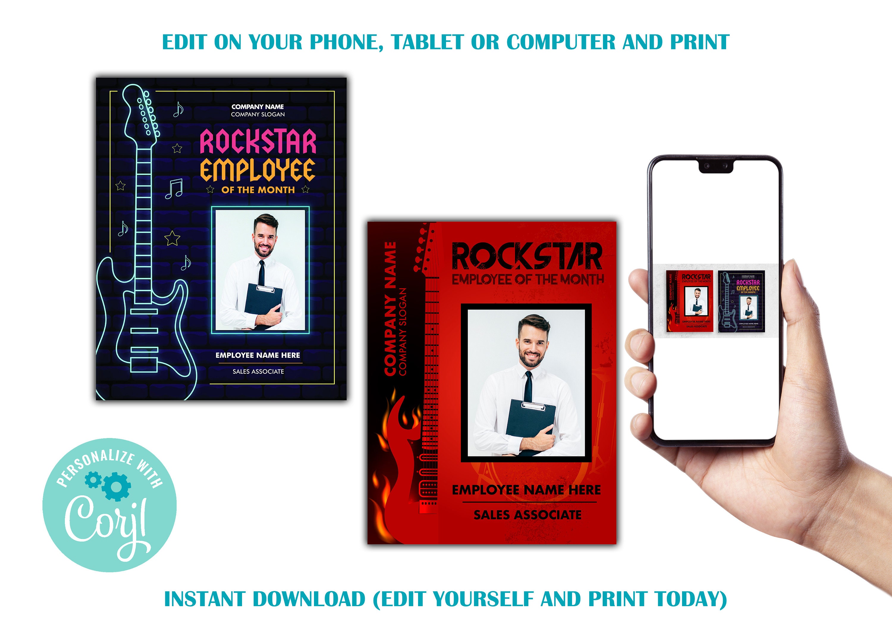 Set of 2 EDITABLE Rockstar Employee of the Month Certificate | Employee ...