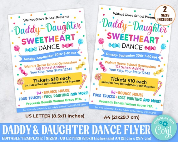 Daddy Daughter Sweetheart Dance Flyer, PTO PTA School Flyer, Father and ...