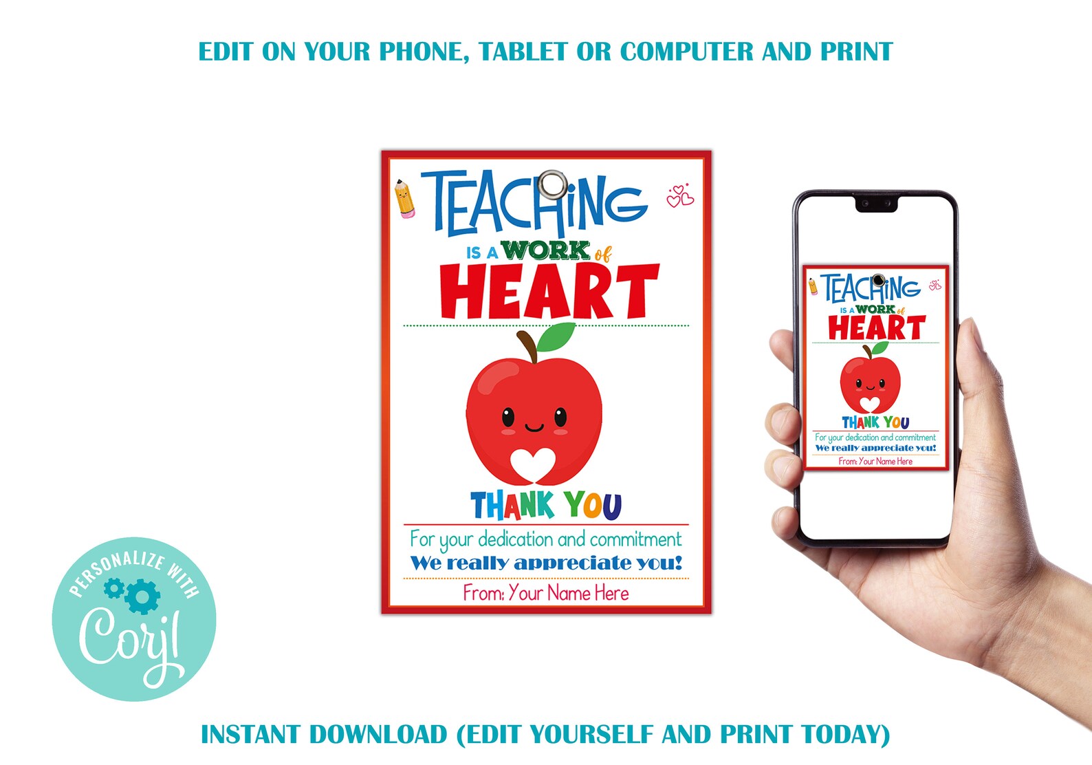 EDITABLE Teaching is a Work of Heart Tag, Cute Teacher Thank You Gift ...