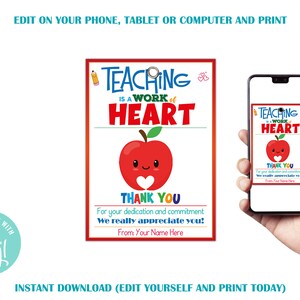 EDITABLE Teaching is a Work of Heart Tag, Cute Teacher Thank You Gift ...