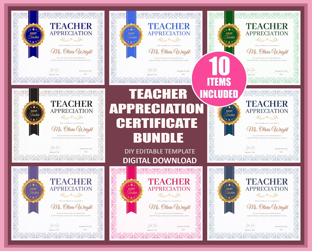 Editable Teacher Appreciation Award Certificate Template Set of 10 ...