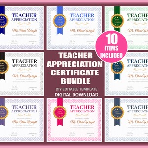 Editable Teacher Appreciation Award Certificate Template Set of 10 ...
