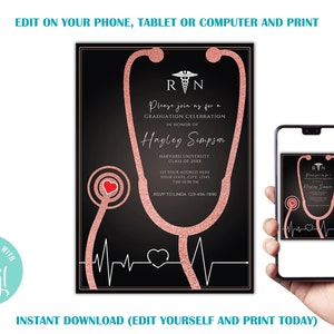 Editable Nurse Graduation Invitation Black and Rose Gold - Etsy