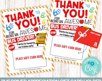 PRINTED Bus Driver Thank You Card, Bus Driver Gift Card Holder, Bus ...