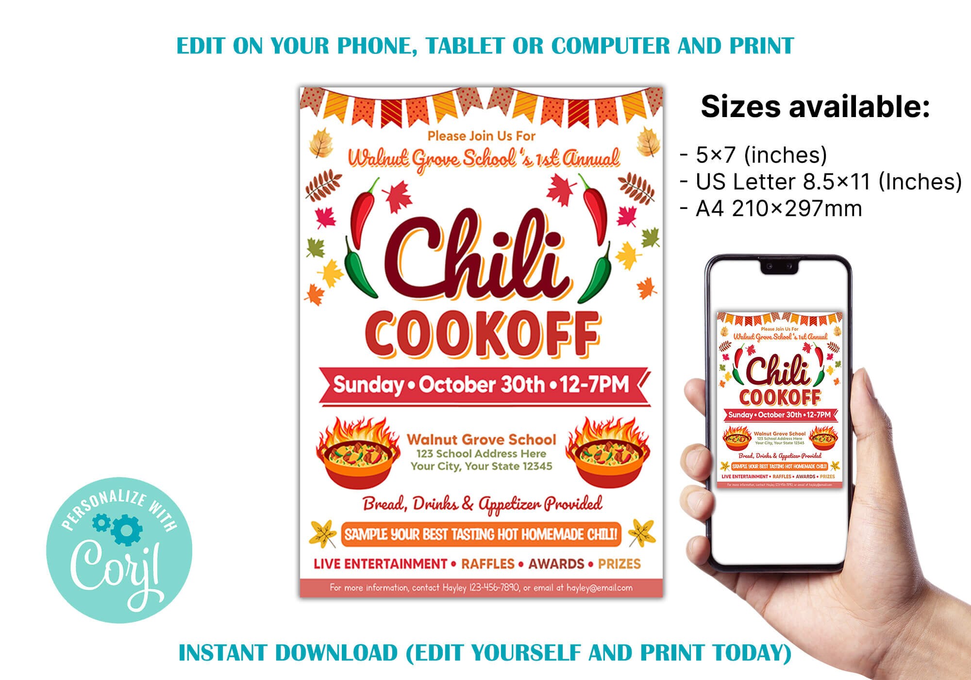 Fall Chili Cookoff Flyer, Editable Autumn Chili Cook off Contest Poster ...
