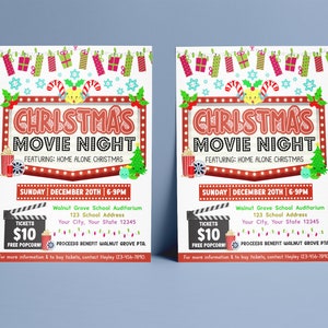 Editable Christmas Movie Night Flyer, Xmas School Church Benefit ...