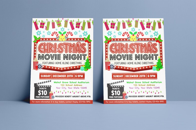Editable Christmas Movie Night Flyer, Xmas School Church Benefit ...
