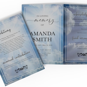 Blue Sky Funeral Brochure, Editable 4 Page Blue Funeral Program - Etsy