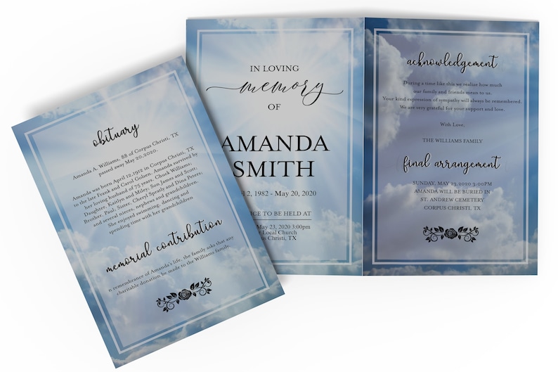 Blue Sky Funeral Brochure, Editable 4 Page Blue Funeral Program - Etsy