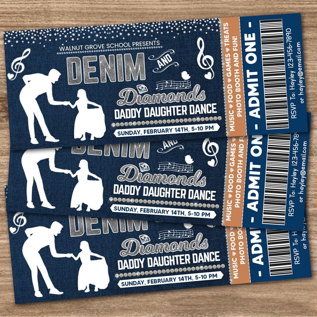Daddy Daughter Dance Denim and Diamonds Ticket Template, Editable Blue ...