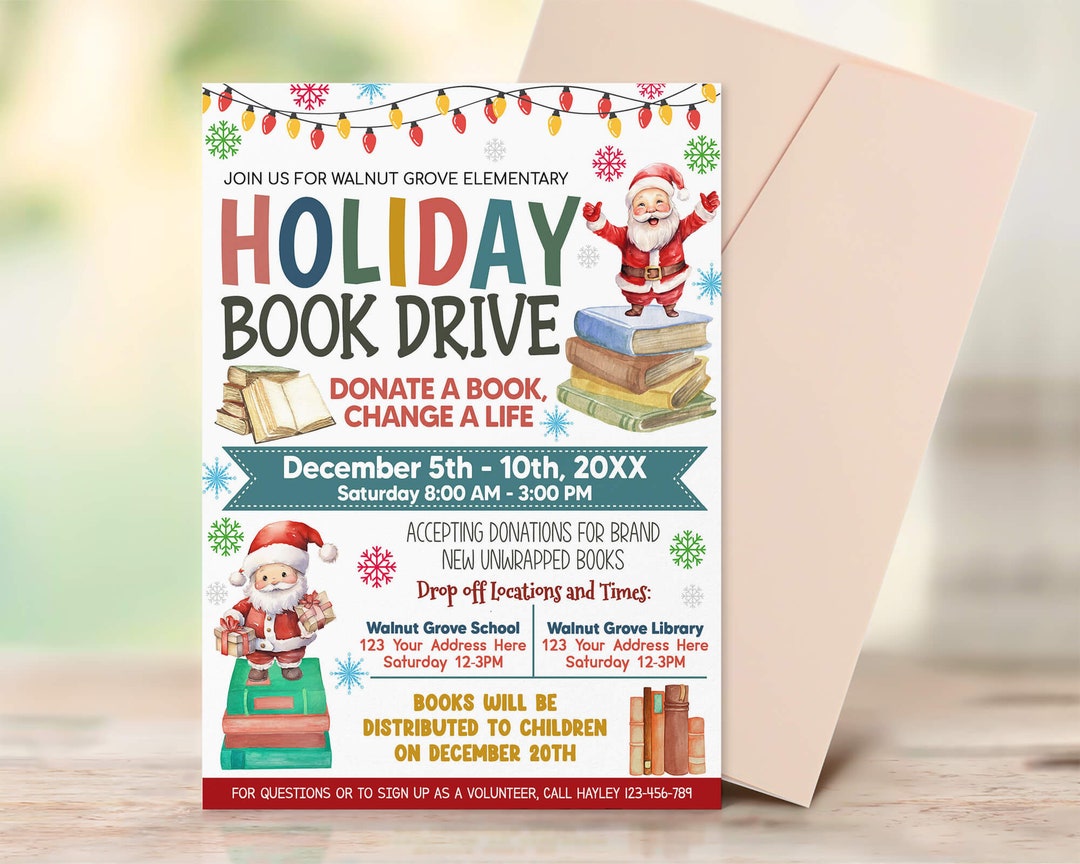 Editable Holiday Book Drive Flyer Template, Winter Charity School ...