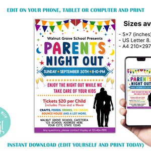 Editable Parents Night Out Flyer Template, School Family Fundraiser ...