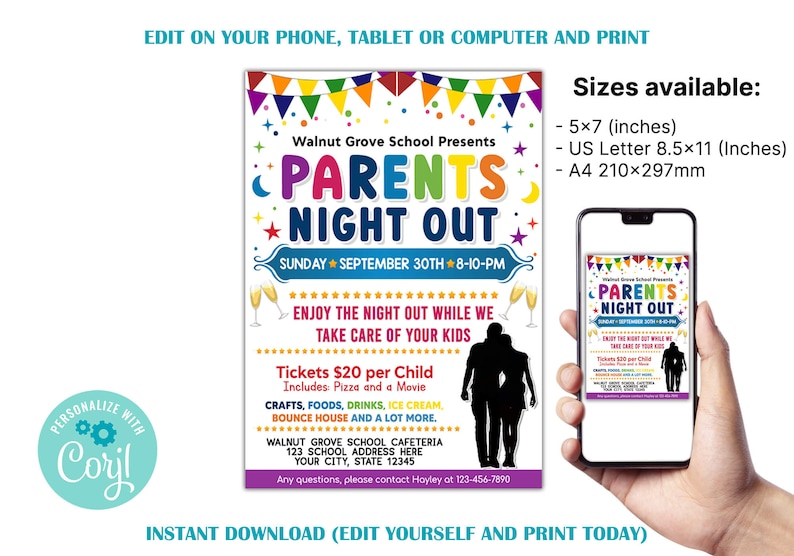 Editable Parents Night Out Flyer Template, School Family Fundraiser ...