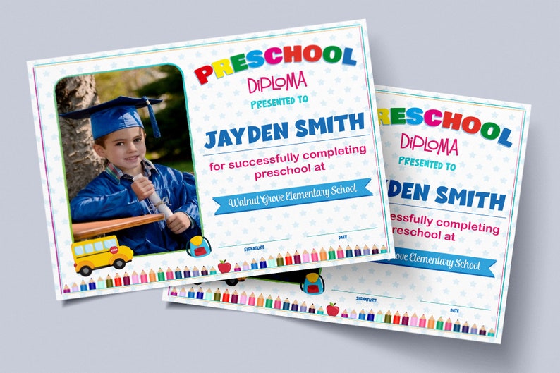 Editable Preschool Diploma With Photo, Preschool Certificate Template ...