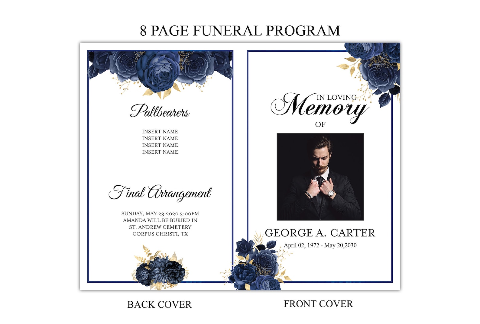8 Page Obituary Template for Men Editable Navy Blue Rose | Etsy