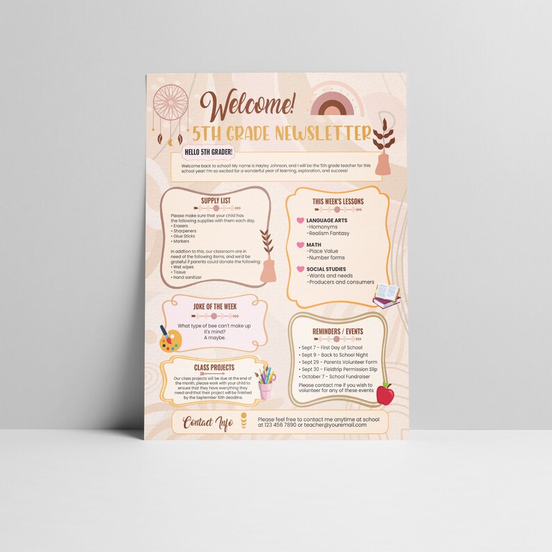 Back to School Newsletter Template for Teacher, Boho Back to School ...