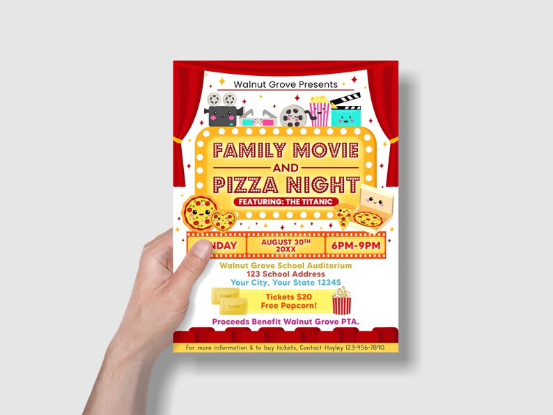 Editable Pizza and Movie Night Flyer Template, Cinema Movie Invitation ...