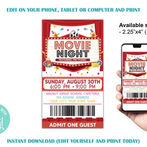 Editable Movie Night Ticket Template, Movie Ticket Admit One, Movie ...