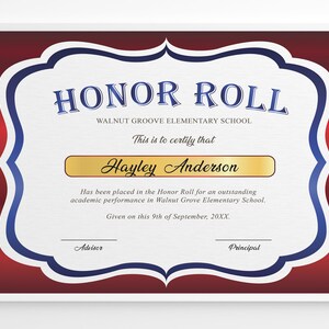 Customizable Honor Roll Certificate, Editable Red Blue Award ...