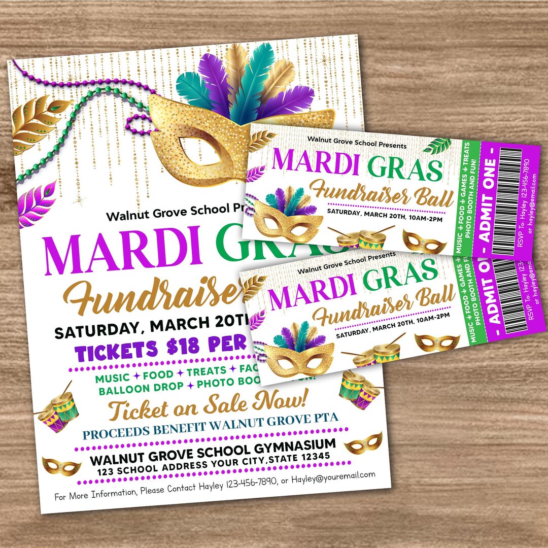 Mardi Gras Invitation Flyer and Ticket Bundle Template, Masquerade Ball ...