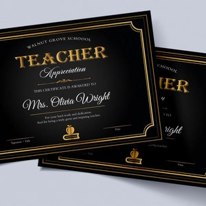 Editable Elegant Teacher Appreciation Certificate Black, Teacher ...