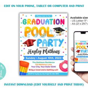 Editable Graduation Pool Party Flyer, Kid's Graduation Pool Bash Party ...