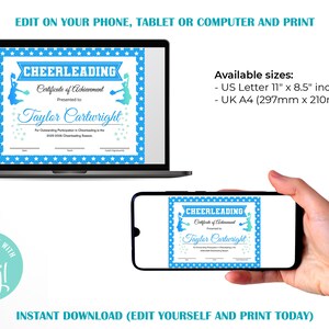 Editable Cheer Certificate Light Blue, Cheerleading Gifts Award ...