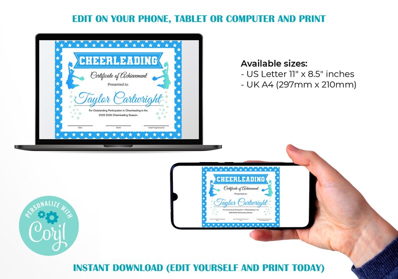 Editable Cheer Certificate Light Blue Cheerleading Gifts - Etsy