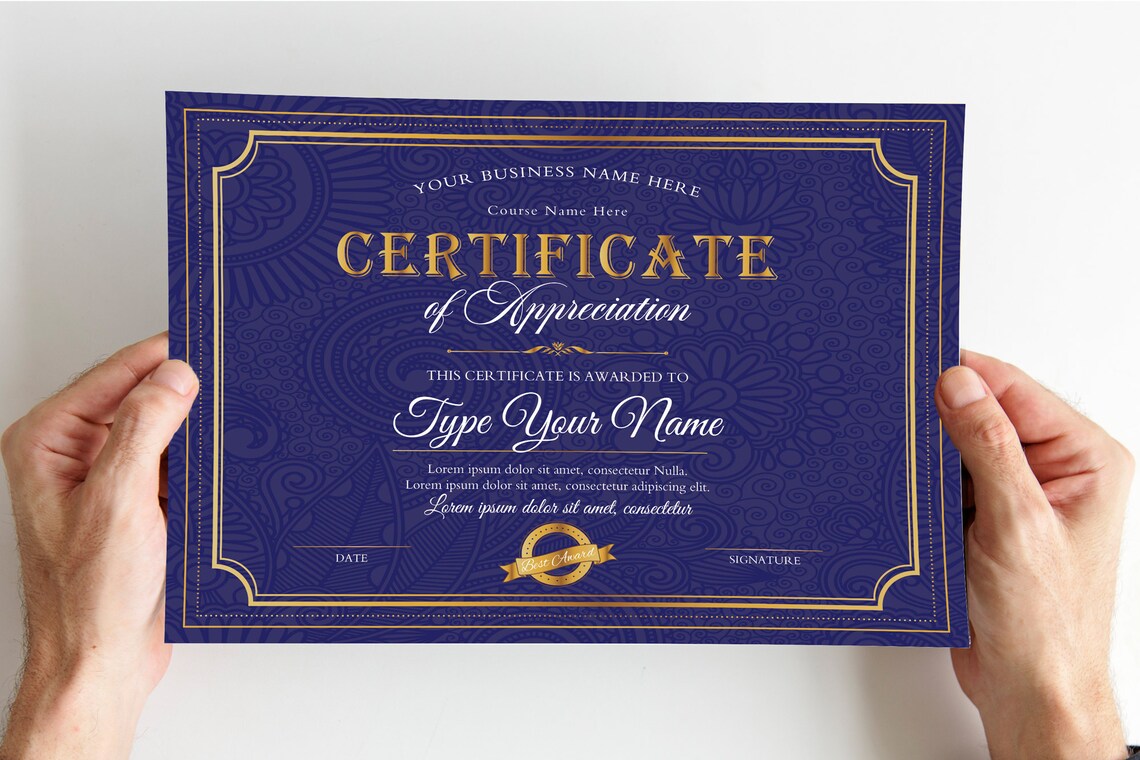Editable Certificate of Appreciation Royal Blue and Gold, Elegant ...