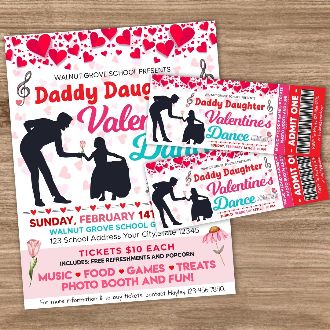 Editable Daddy Daughter Valentine's Day Dance Ticket and Flyer Bundle ...