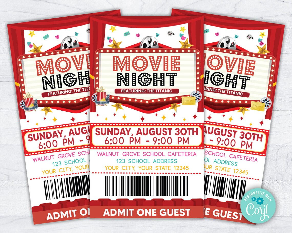 Editable Movie Night Ticket Template, Movie Ticket Admit One, Movie ...