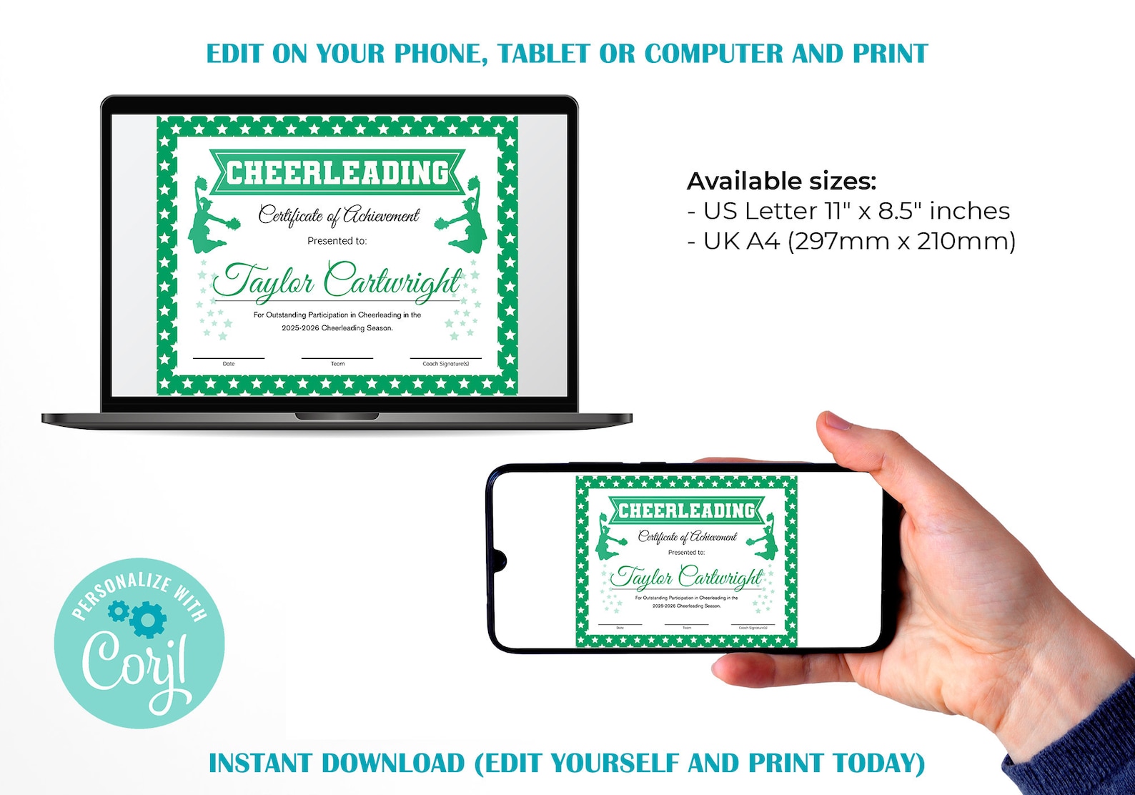 EDITABLE Cheerleader Certificate Green DIY Cheerleading - Etsy