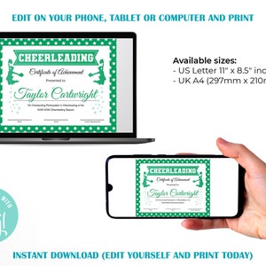 EDITABLE Cheerleader Certificate, Green DIY Cheerleading Award ...
