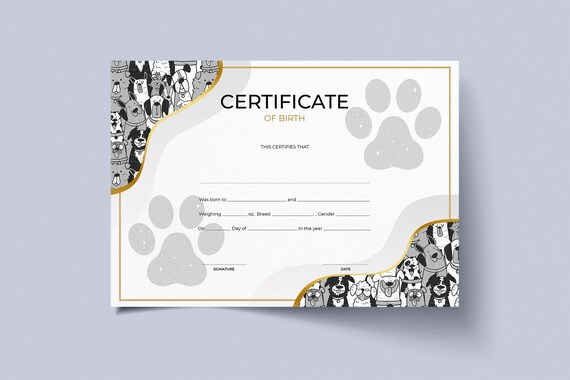 PRINTABLE Blank PDF Dog Birth Certificate Template New Puppy Printable 