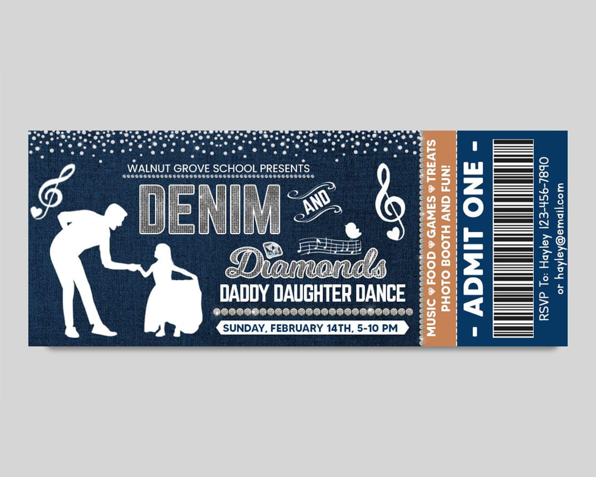 Daddy Daughter Dance Denim and Diamonds Ticket Template, Editable Blue ...