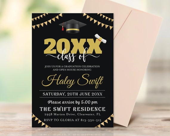 Editable Graduation Invitation 2022 Template, Black Gold Grad Party ...