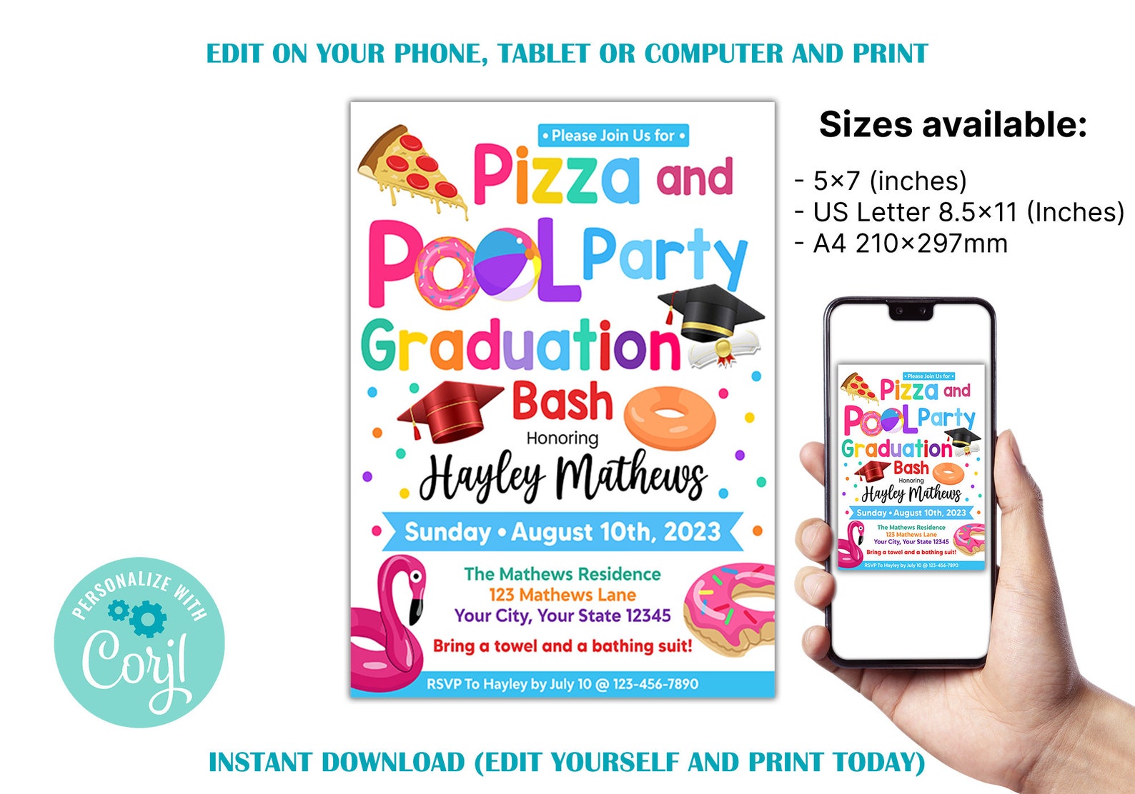 Editable Pizza and Pool Party Graduation Bash Invitation, Grad Party ...