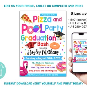 Editable Pizza and Pool Party Graduation Bash Invitation, Grad Party ...