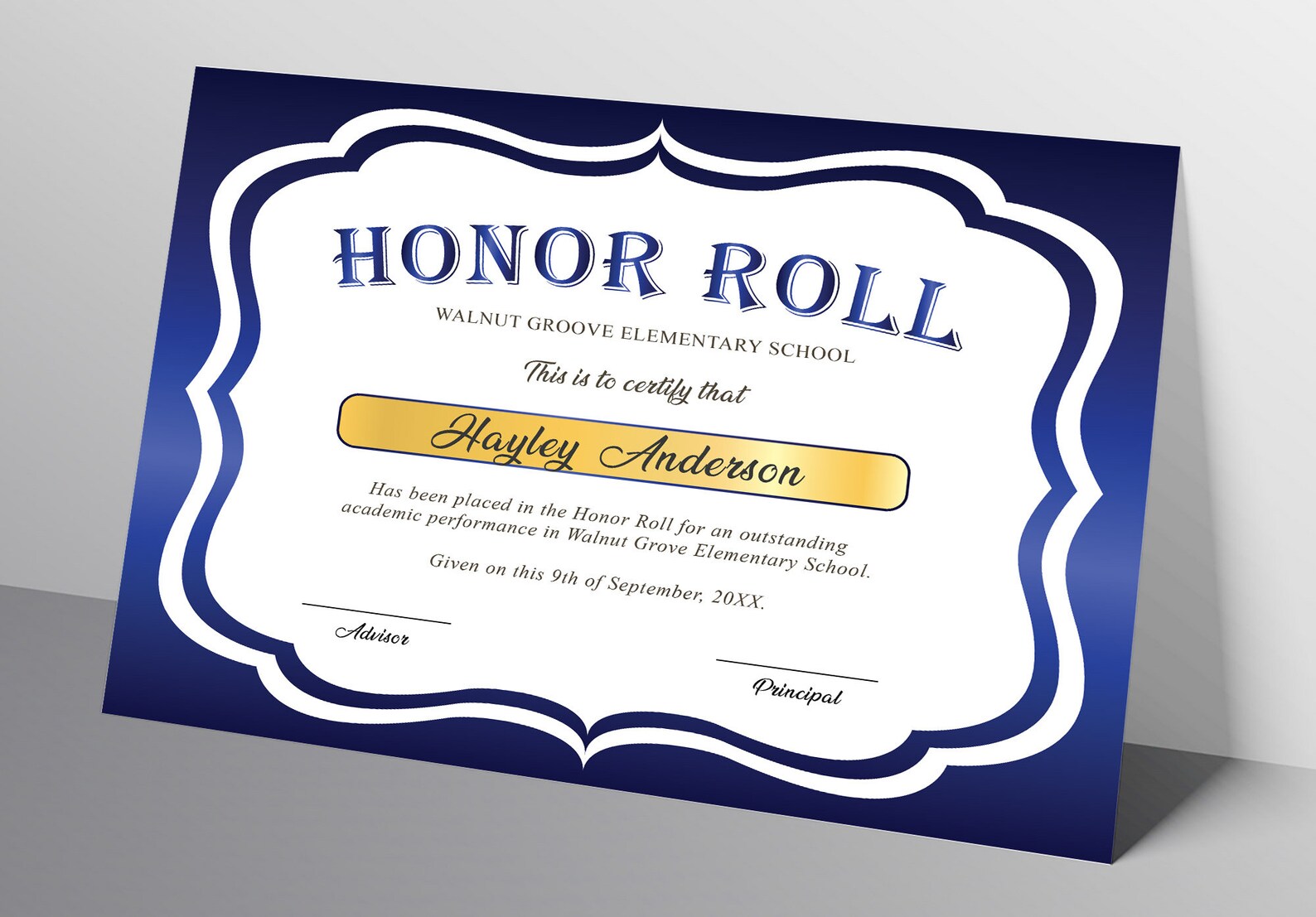 Editable Honor Roll Certificate Template, Royal Blue School Award ...